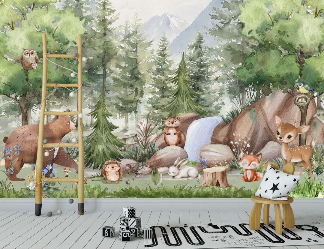 Forest Animals Nursery Wallpaper Woodland Wall Art Watercolor Trees ...