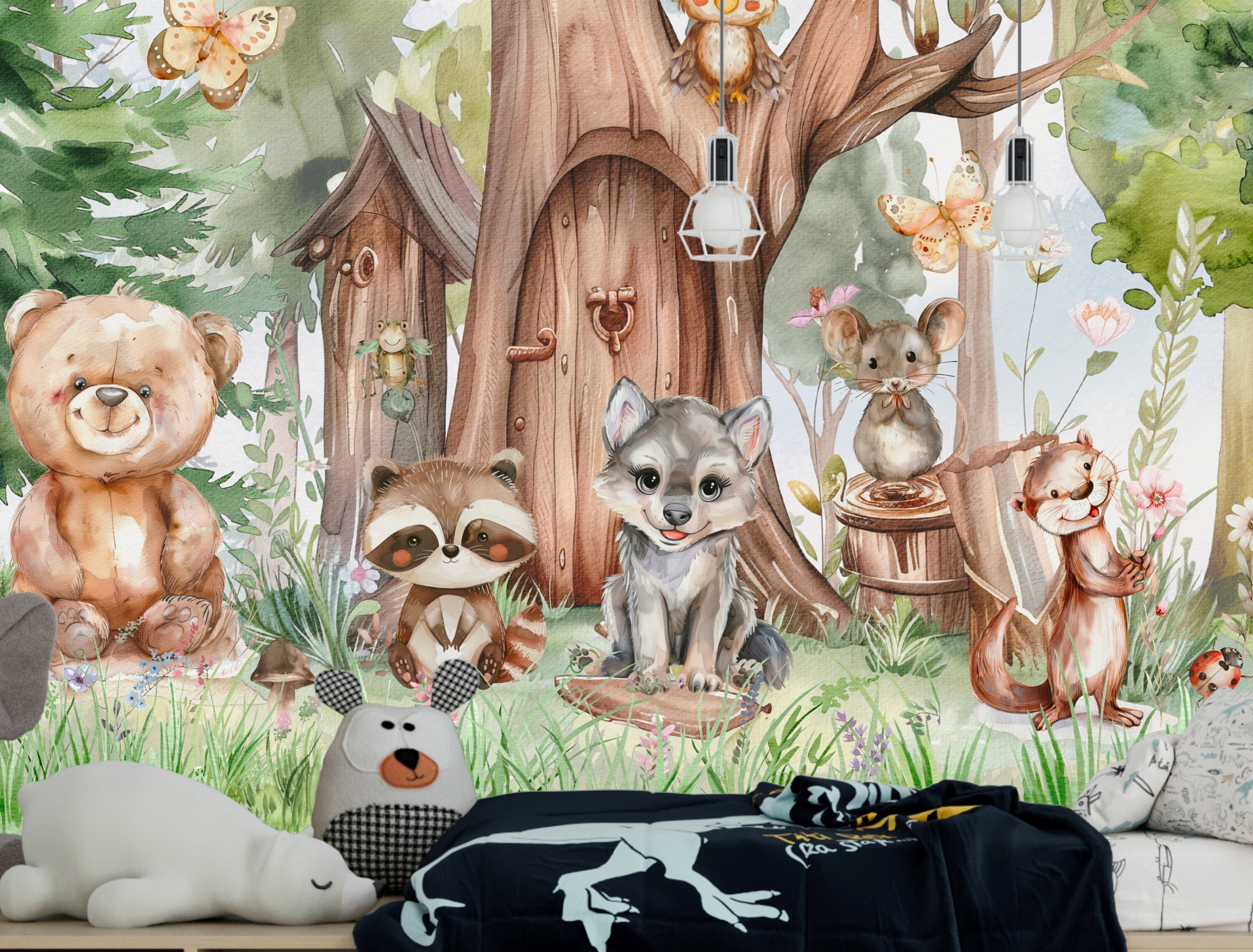 Forest Animals Nursery Wallpaper Woodland Wall Art Watercolor Trees ...
