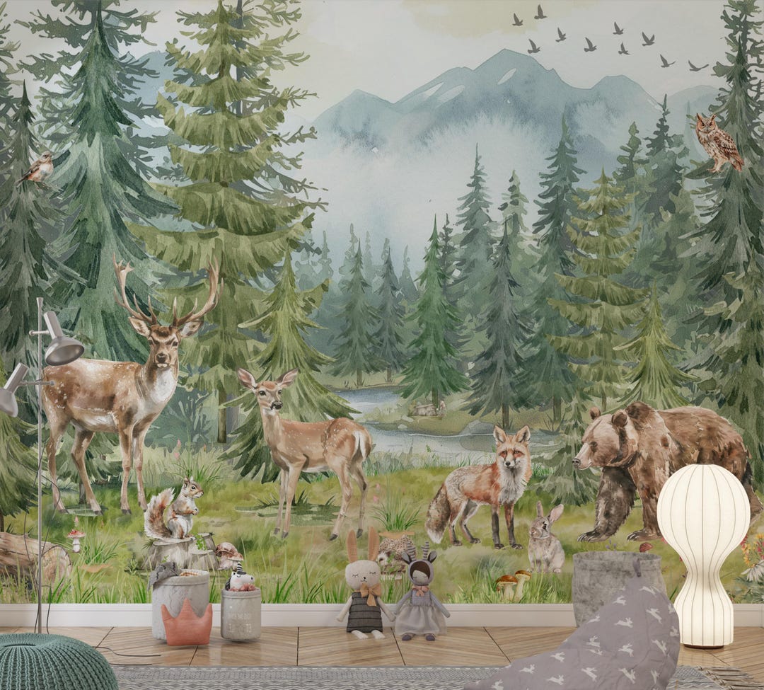 Forest Animals Nursery Wallpaper Woodland Wall Art Watercolor Pine ...