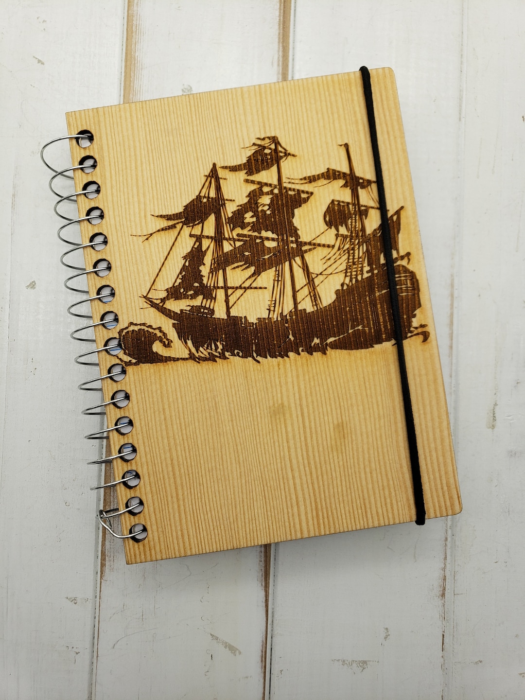 Laser Engraved Pirate Ship Wood Pocket Journal – Left-hand Friendly ...