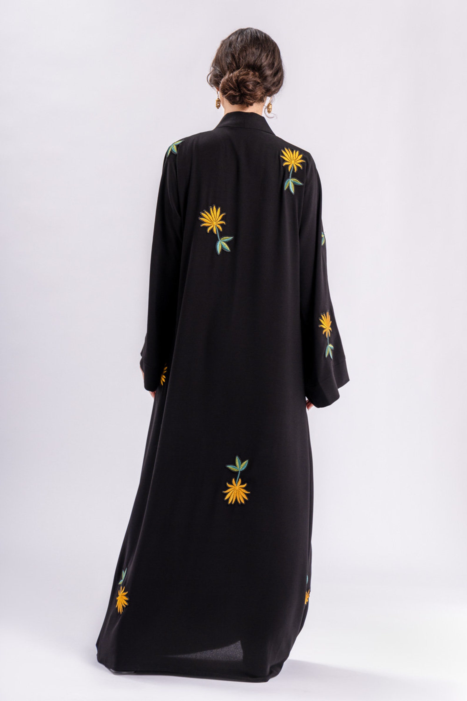 Black Gold Floral Embroidered Open Abaya With Belt - Etsy UK