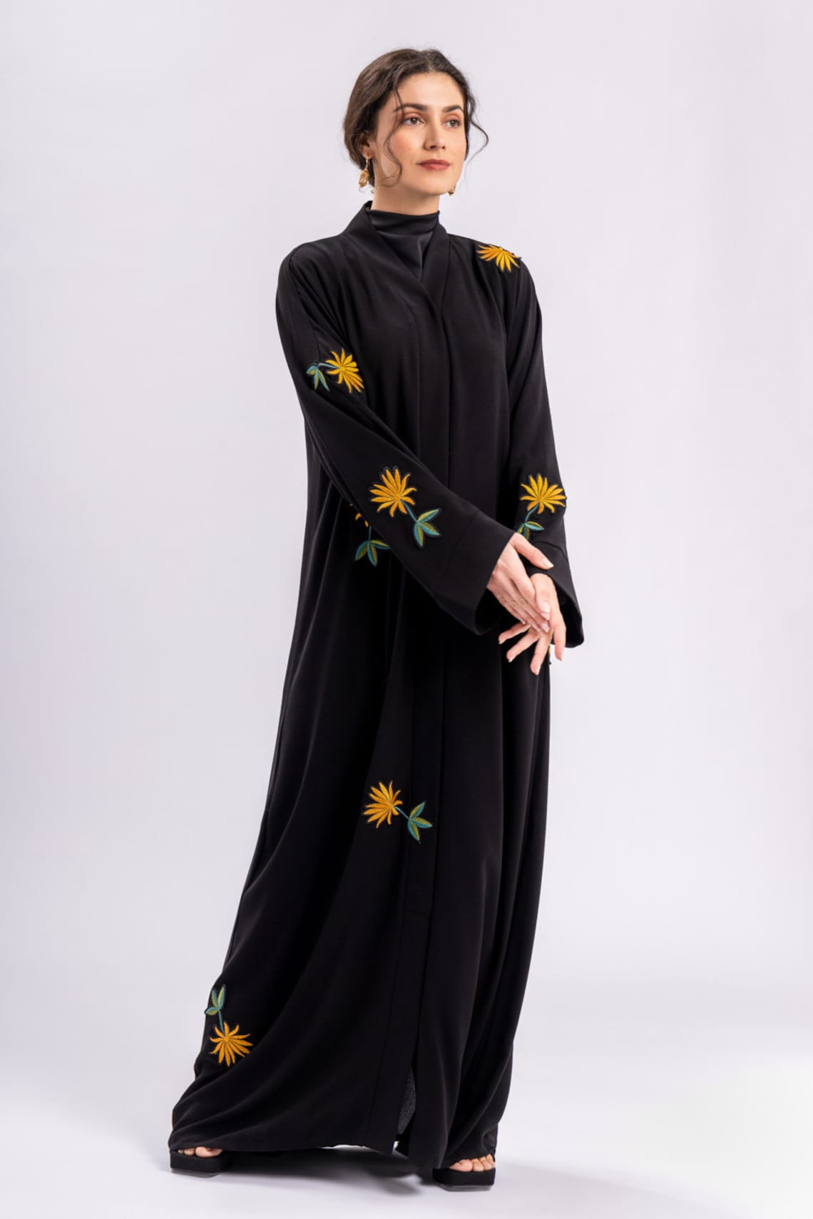 Black Gold Floral Embroidered Open Abaya With Belt - Etsy UK