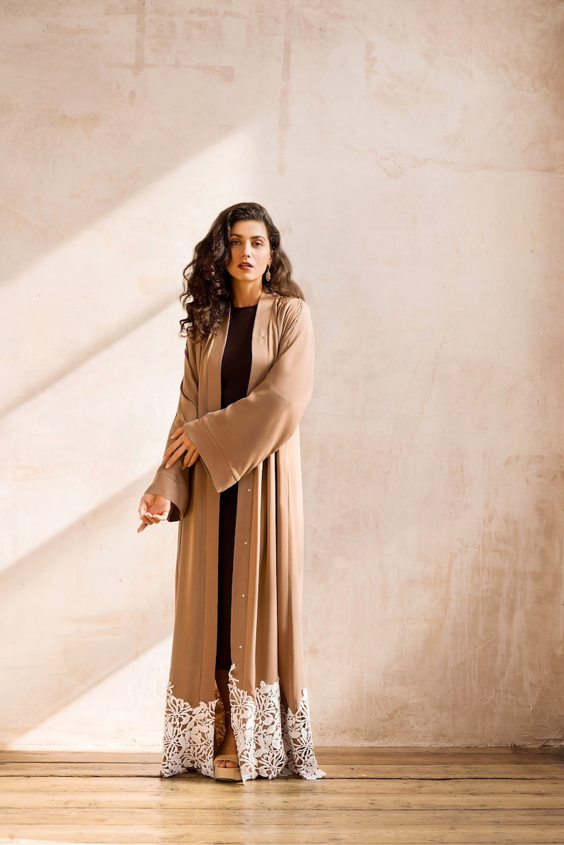 Brown Lace Open Abaya Dress With Belt - Etsy