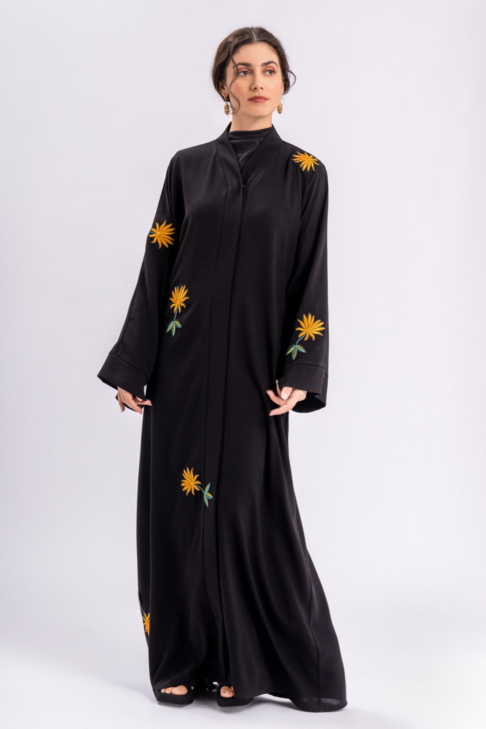 Black Gold Floral Embroidered Open Abaya With Belt - Etsy UK