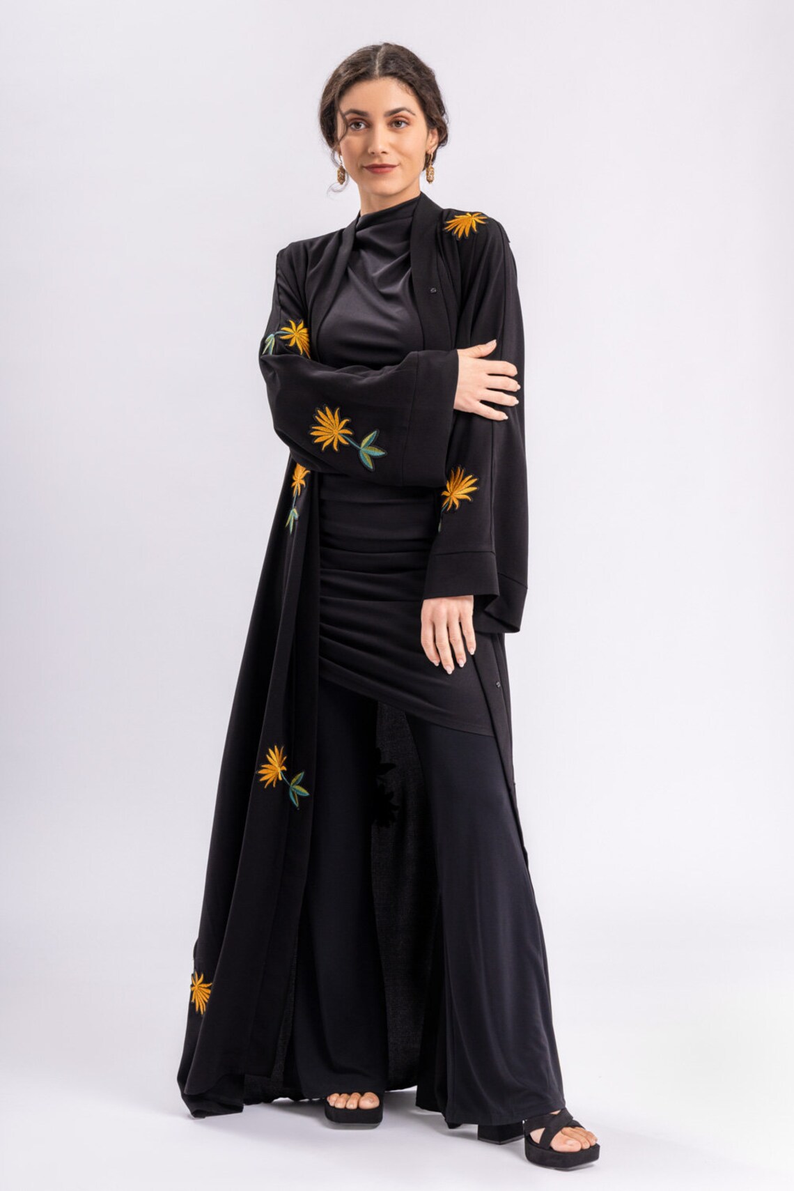 Black Gold Floral Embroidered Open Abaya With Belt - Etsy UK