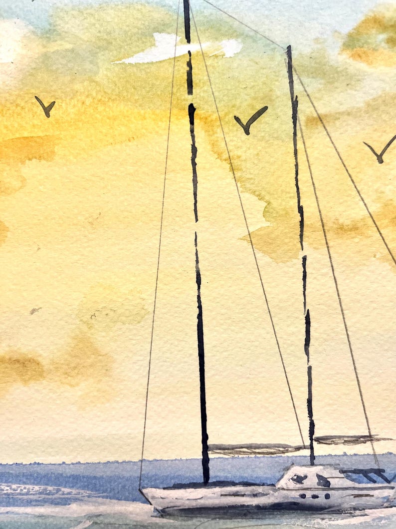 Watercolor Sailboat at Sunset | Hand-painted Nautical Art | Coastal ...