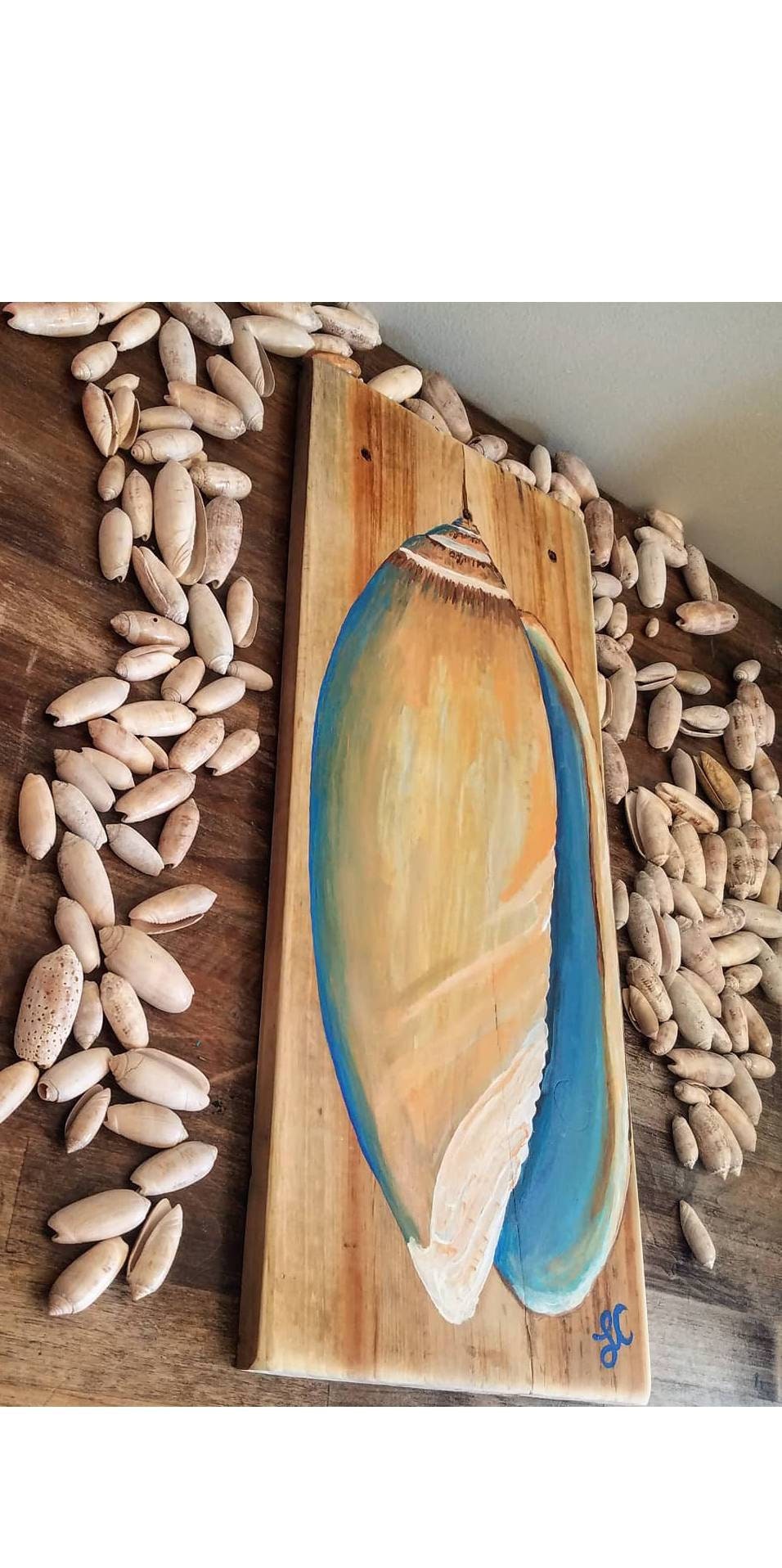 Olive Seashell, Original Painting, Shell Decor, Wood Beach Sign ...