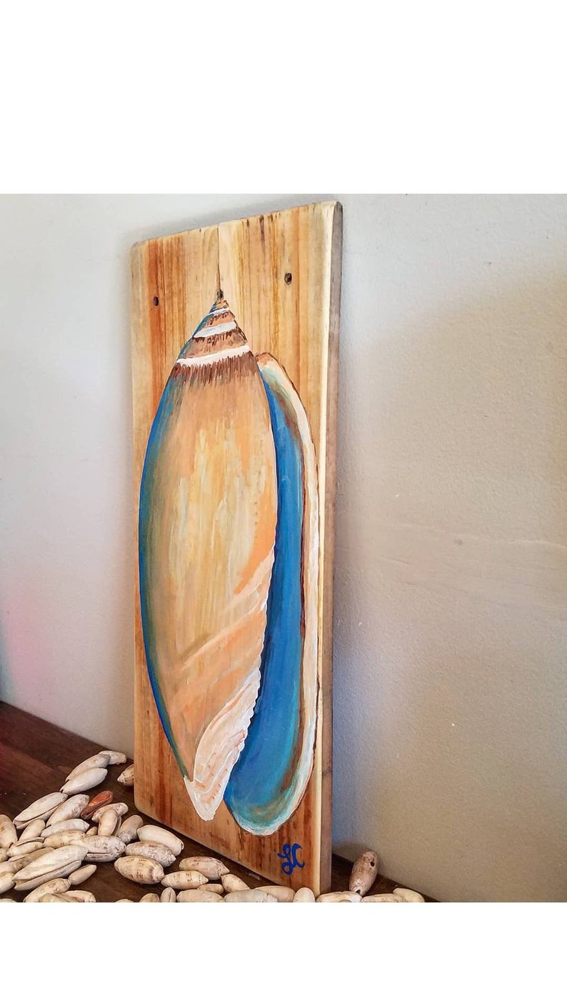 Olive Seashell, Original Painting, Shell Decor, Wood Beach Sign ...