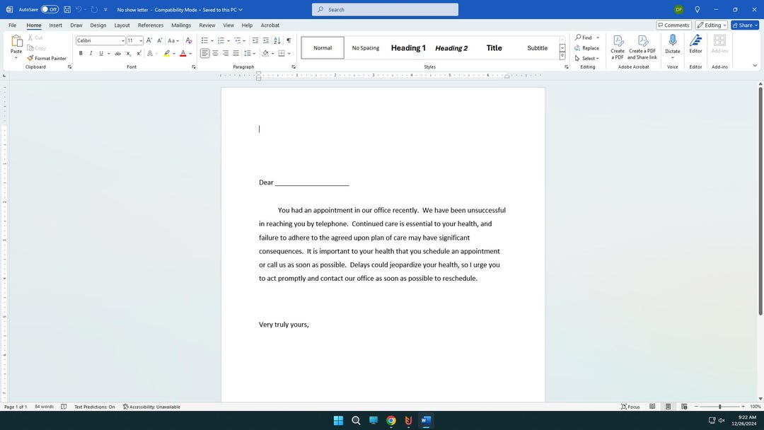 No Show Letter for Physicians Office Doctor Doc Surgeon Missed ...