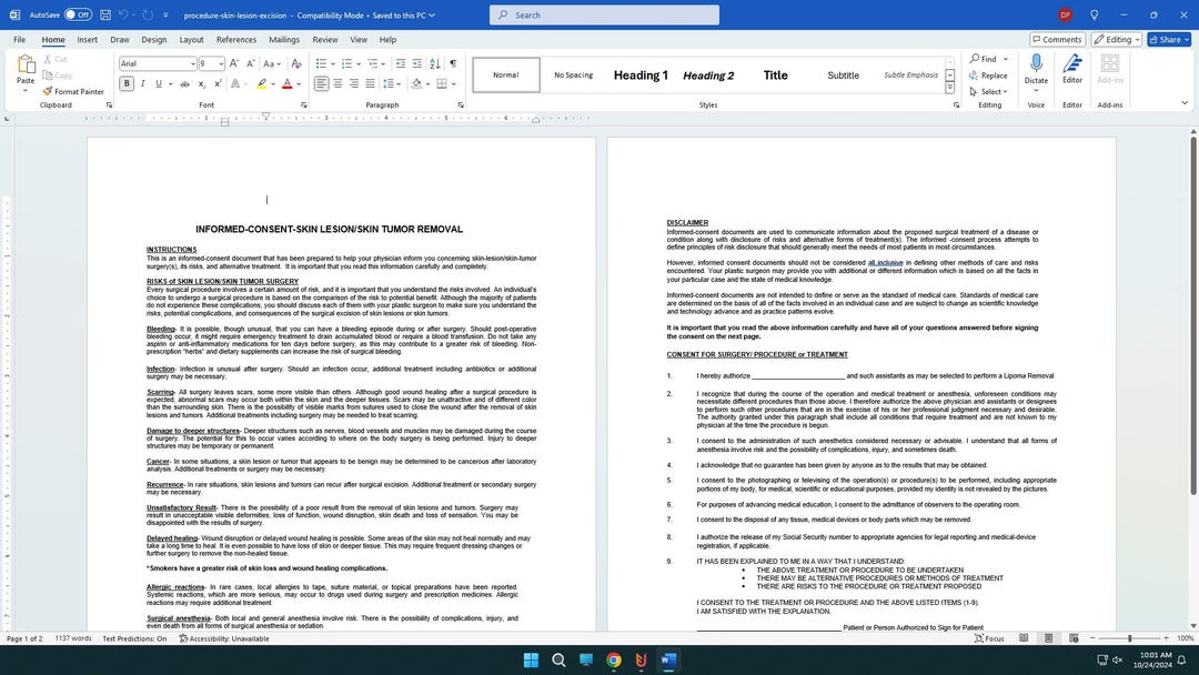 Informed Consent Skin Lesion Tumor Removal Agreement Form Template ...