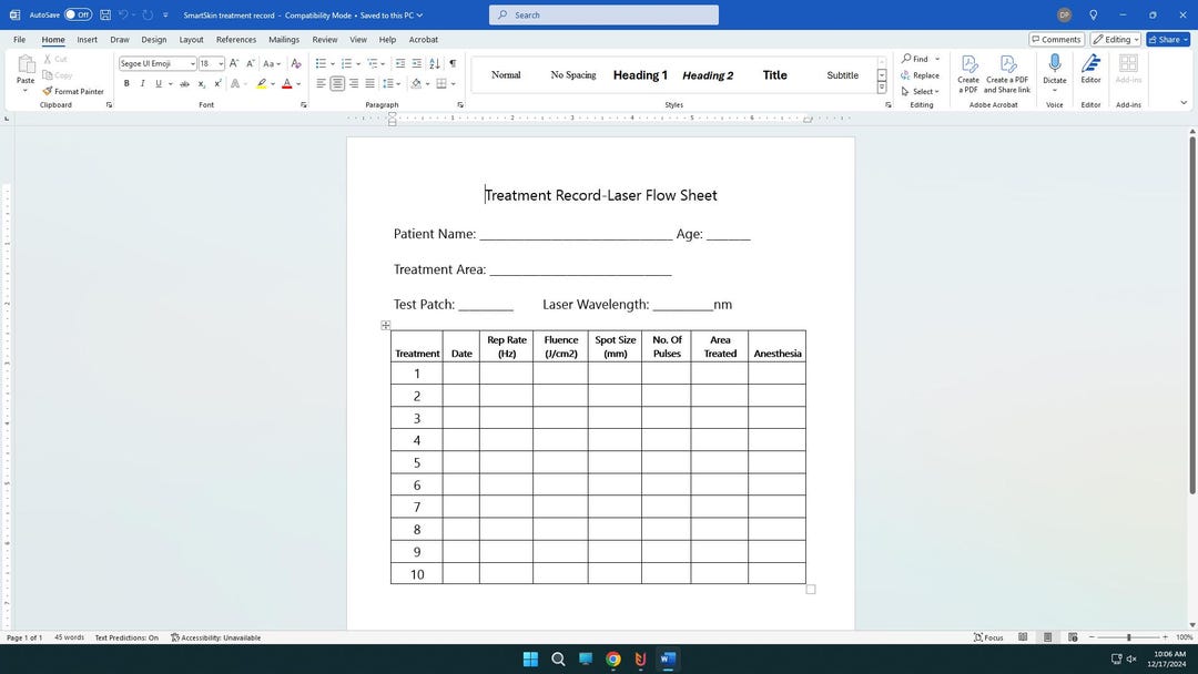 Smartskin Treatment Record-laser Flow Sheet Table Chart Record Document ...