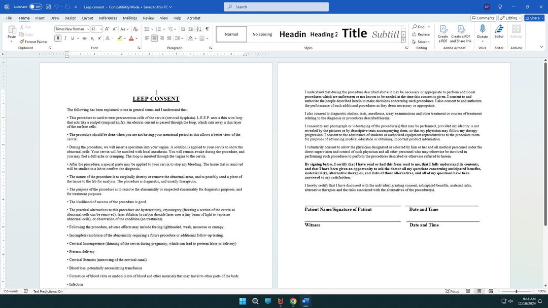 Leep Consent Women's Health Procedure Surgery Operation Handout ...