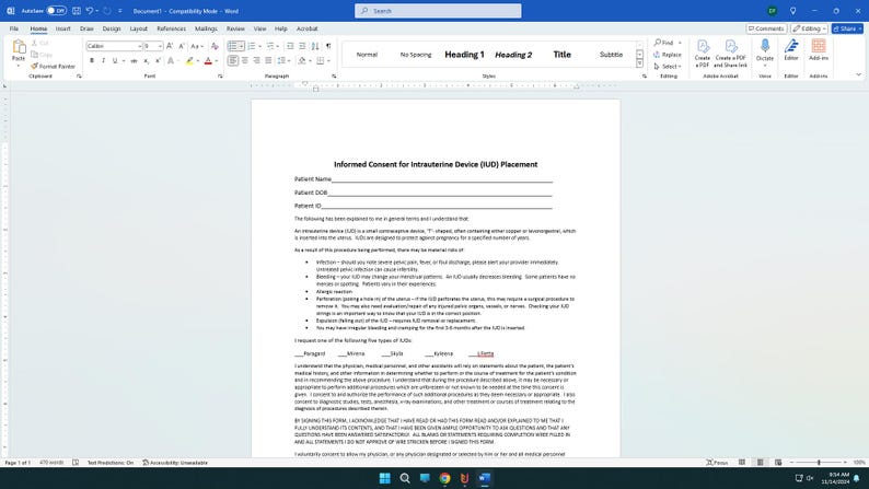 Informed Consent for Intrauterine Device (IUD) Placement Agreement From ...