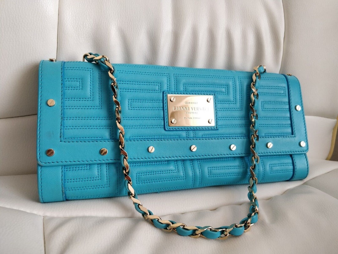 Gianni Versace Greek Key Blue Leather Clutch Bag Chain Shoulder Purse ...