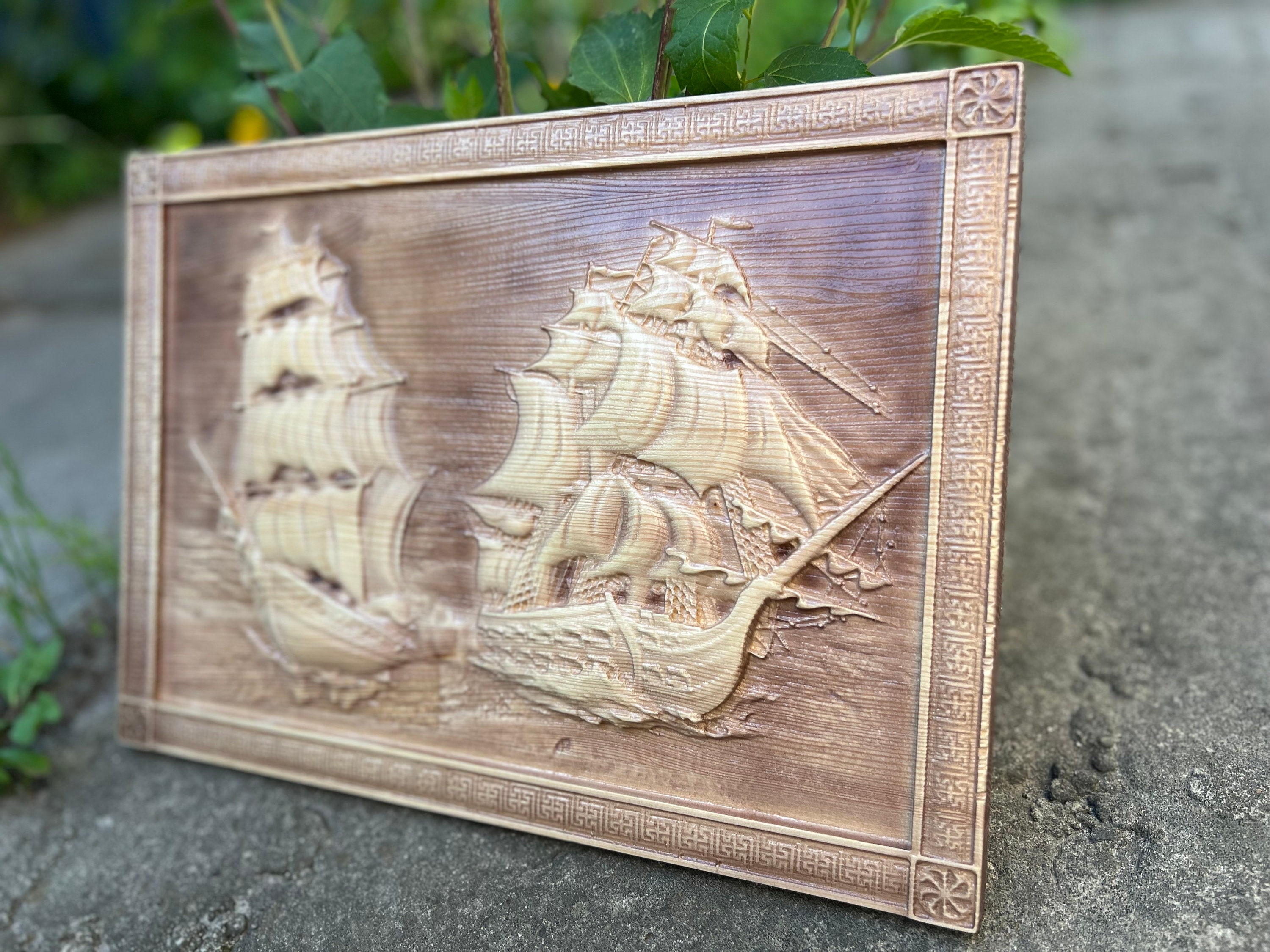 Frigate Ships at Sea, Very Large Wood Carving Picture 3D Handmade ...