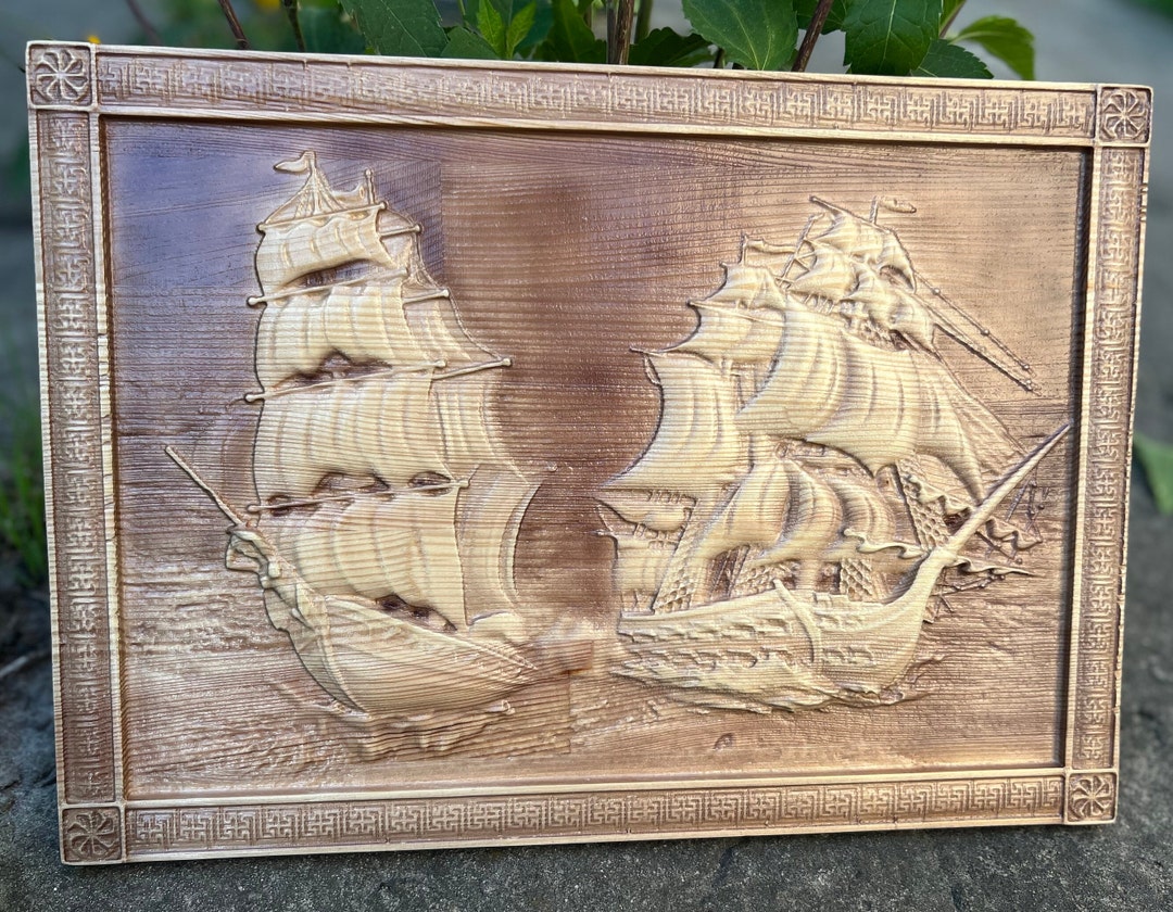 Frigate Ships at Sea, Very Large Wood Carving Picture 3D Handmade ...