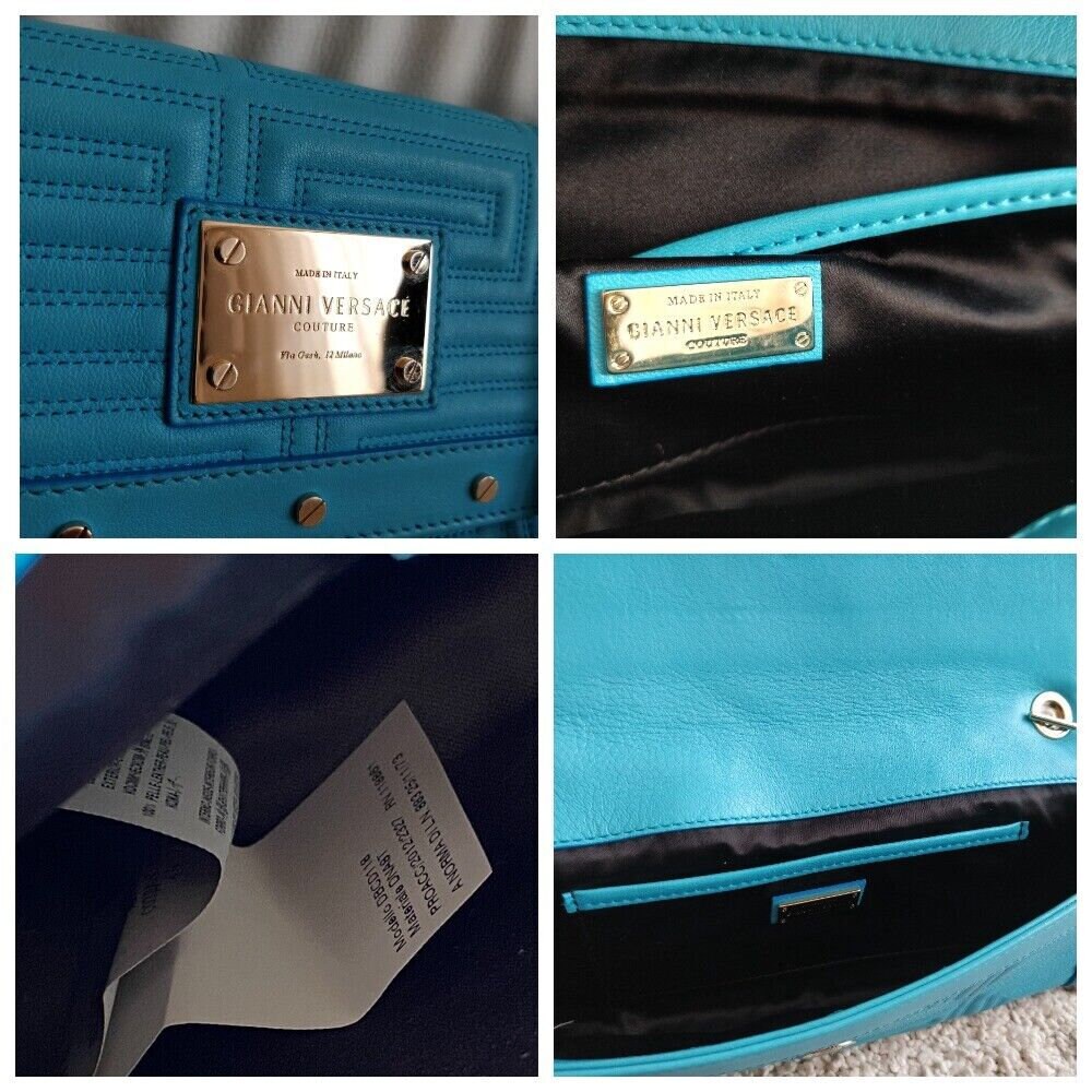 Gianni Versace Greek Key Blue Leather Clutch Bag Chain Shoulder Purse ...