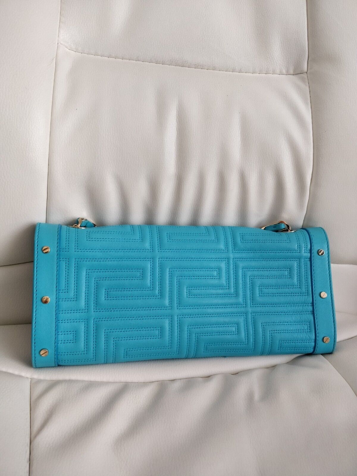 Gianni Versace Greek Key Blue Leather Clutch Bag Chain Shoulder Purse ...