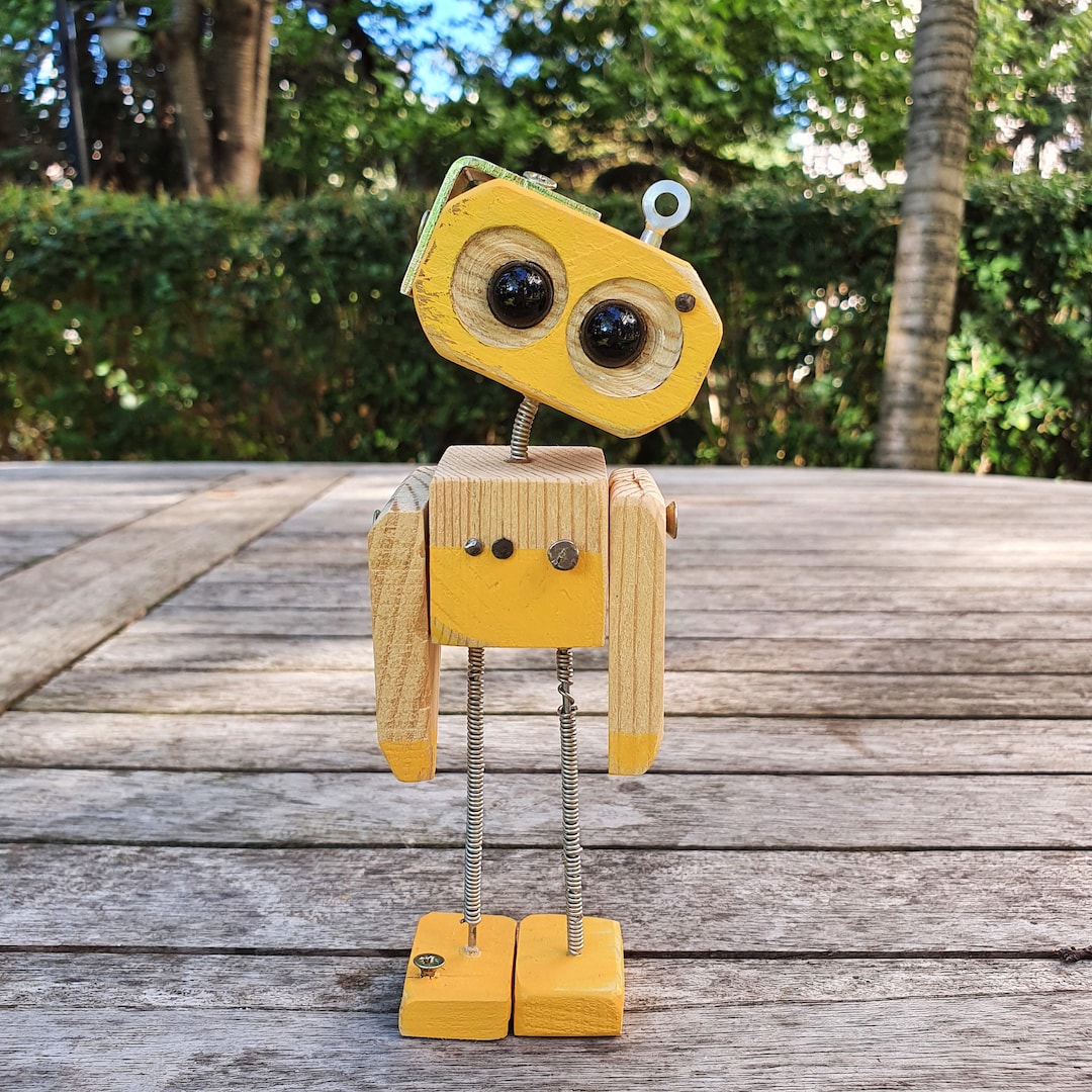Handmade Wooden Robot Figurine - Yellow Robot Sculpture - Quirky Desk ...