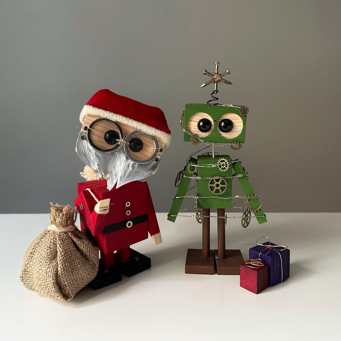 Handmade Steampunk Santa and Tree Robot Duo - Red Santa Robot With ...