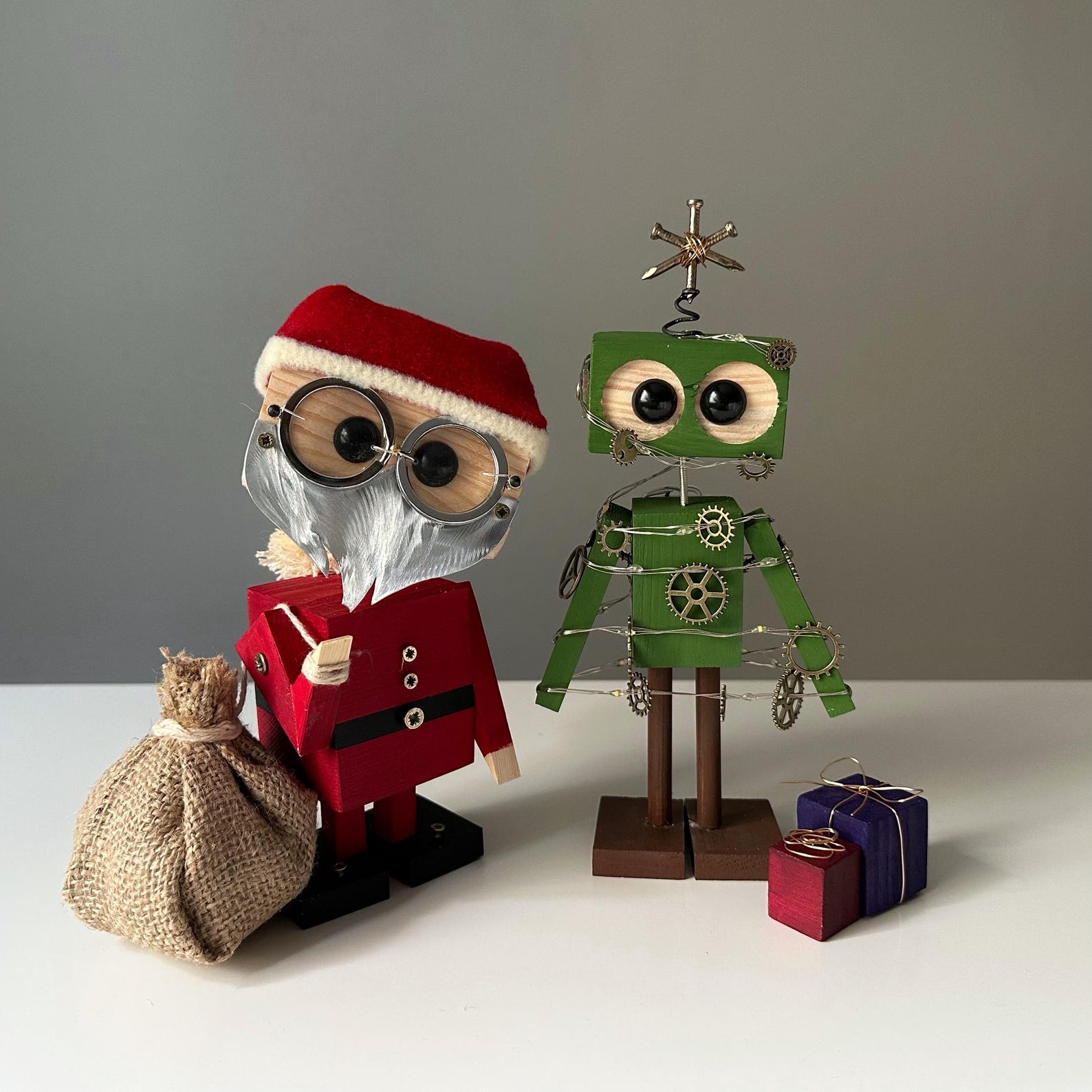 Handmade Steampunk Santa and Tree Robot Duo - Red Santa Robot With ...