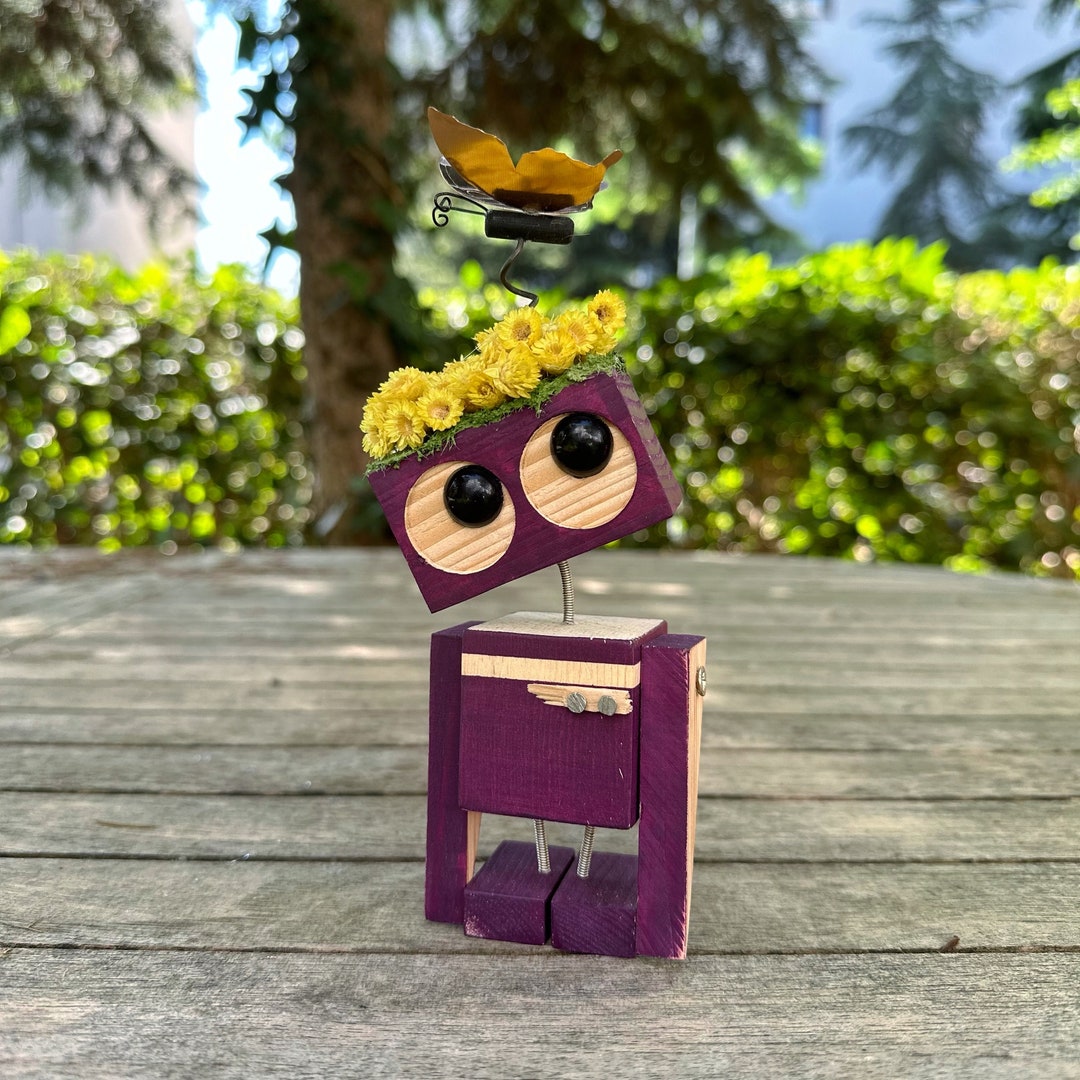 Handmade Wooden Robot Figurine – Purple Steampunk Desk Decor With ...