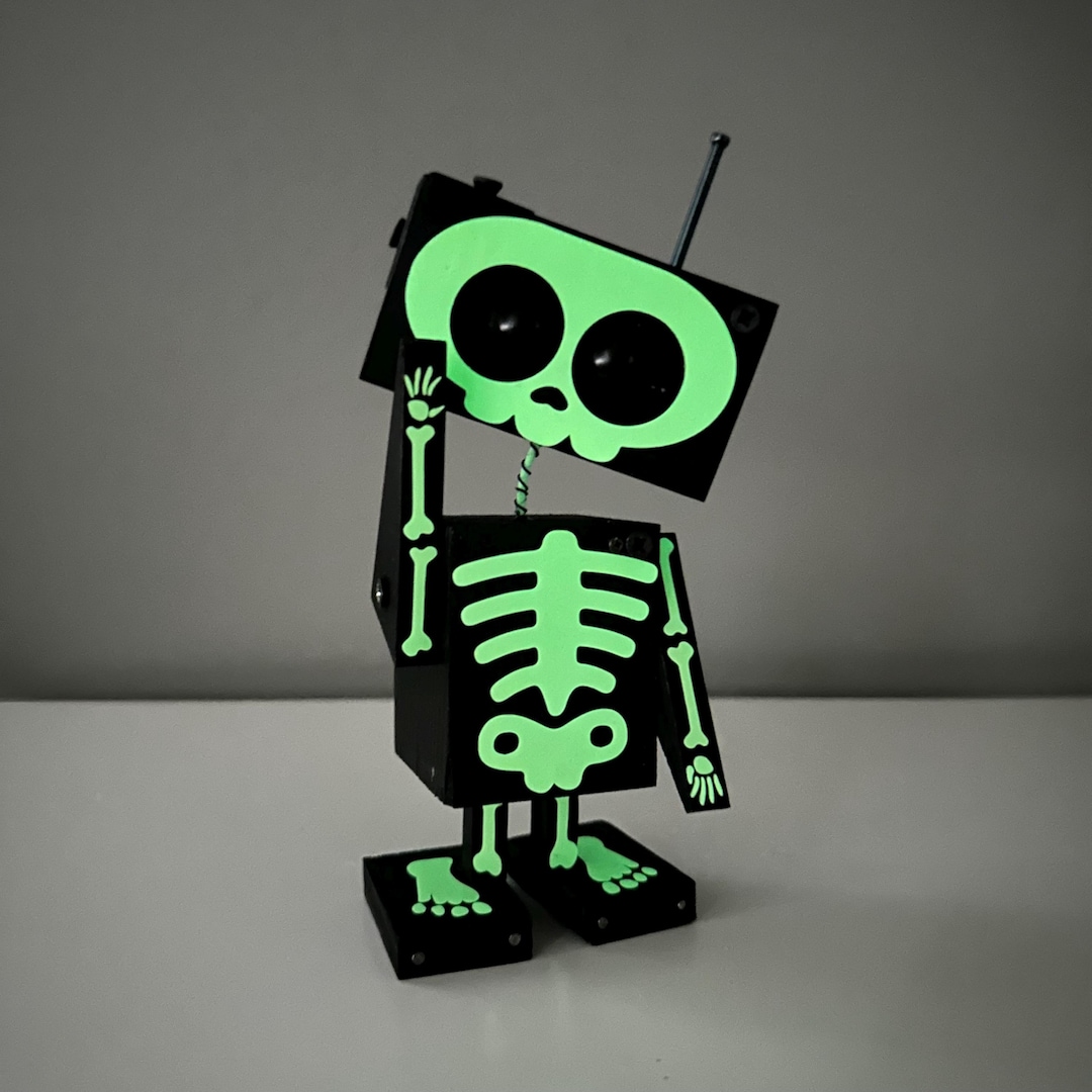 Handmade Wooden Skeleton Robot Figurine With Glow in the Dark Vinyl ...