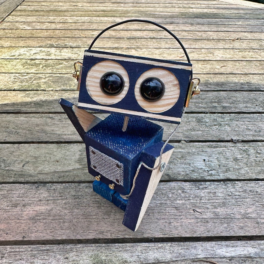 Wooden Robot Sculpture With Headphones – Handmade Steampunk Music ...