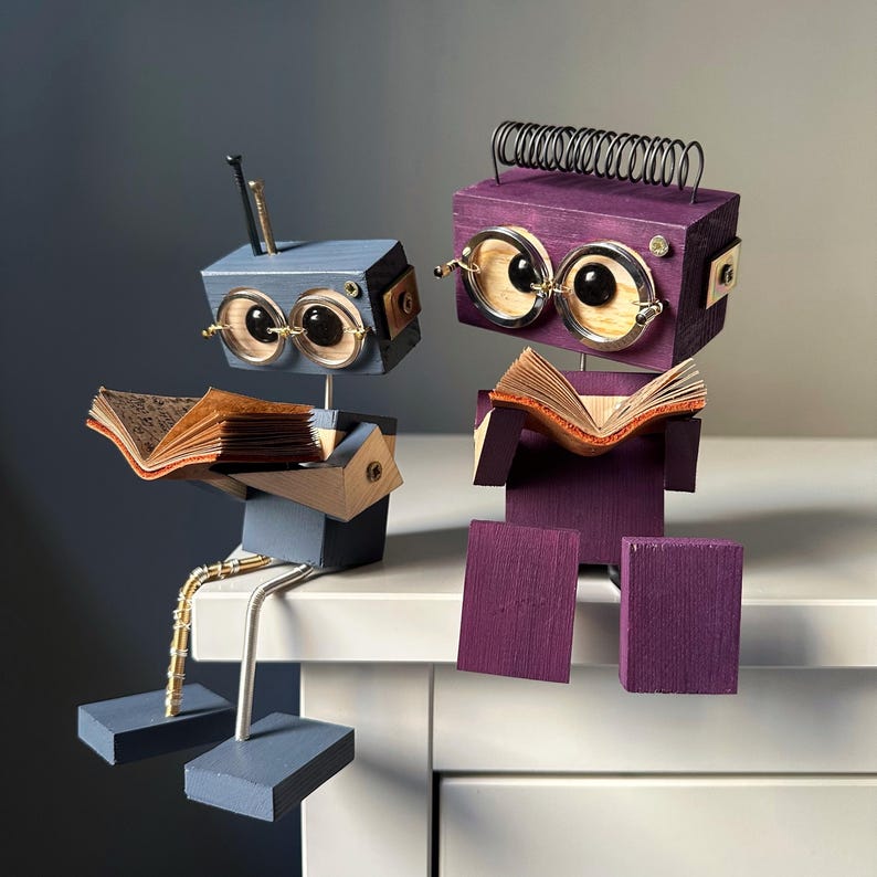 Steampunk Bookworm Robot Duo - Handmade Reading Figurines Set of 2 ...