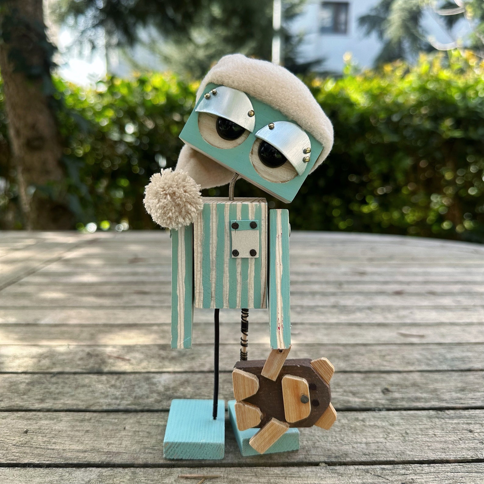 Sleepy Robot Figurine With Teddy – Handmade Wood & Metal Sculpture ...