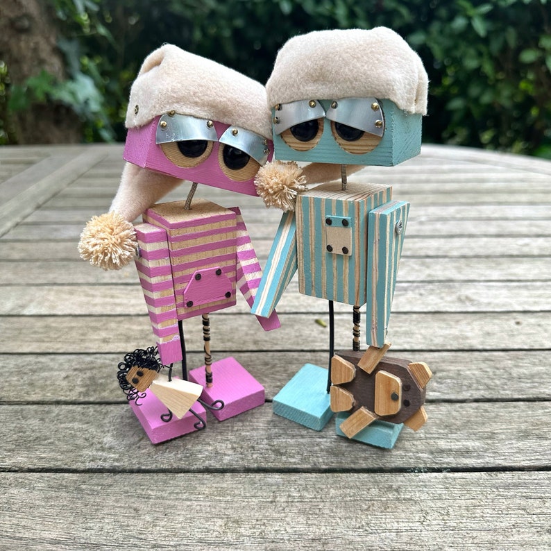 Sleepy Robot Figurine With Teddy – Handmade Wood & Metal Sculpture ...