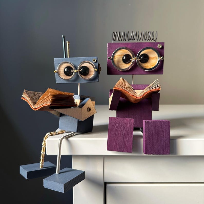 Steampunk Bookworm Robot Duo - Handmade Reading Figurines Set of 2 ...
