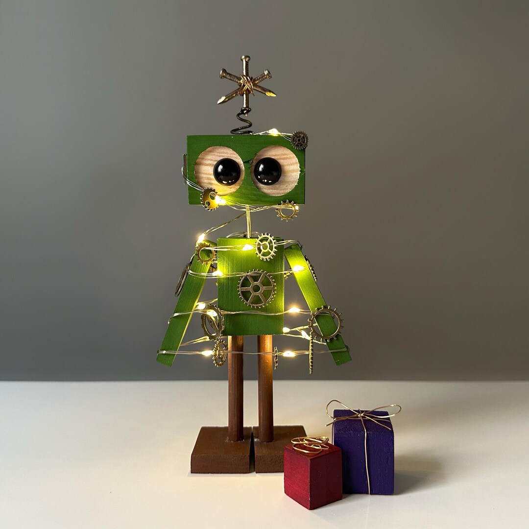 Sapin de Noël steampunk fait main - Robot en bois vert avec lumières ...