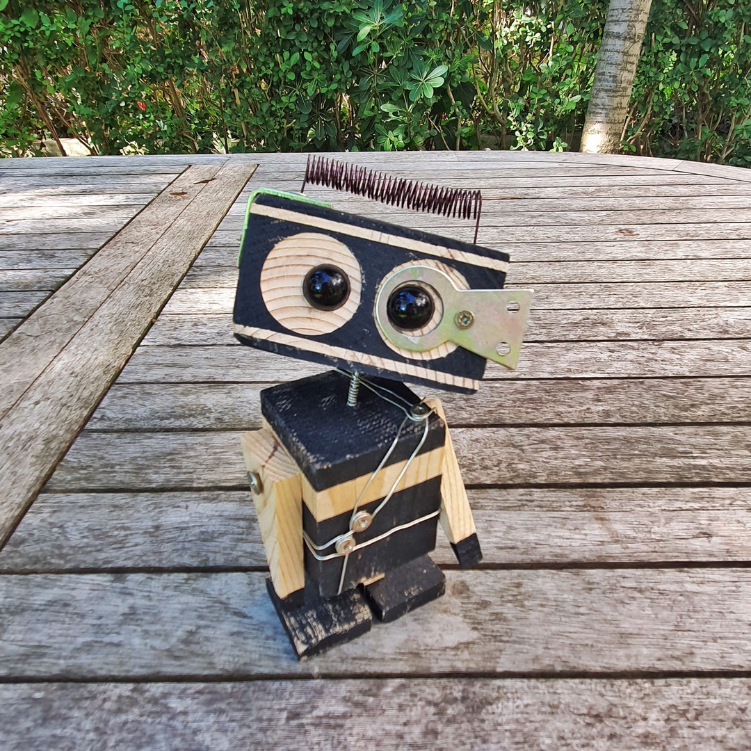Handmade Wooden Robot Figurine - Black & Natural Striped Sculpture ...