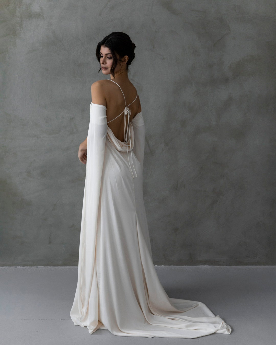 Handmade Silk Wedding Dress: Open Back, Long Sleeves, Off-the-shoulder ...