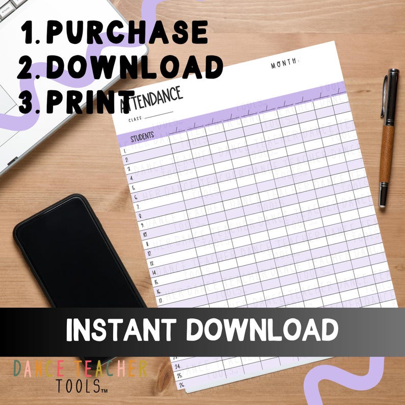 Printable Dance Class Attendance Sheets – Purple Design | 2-page PDF ...