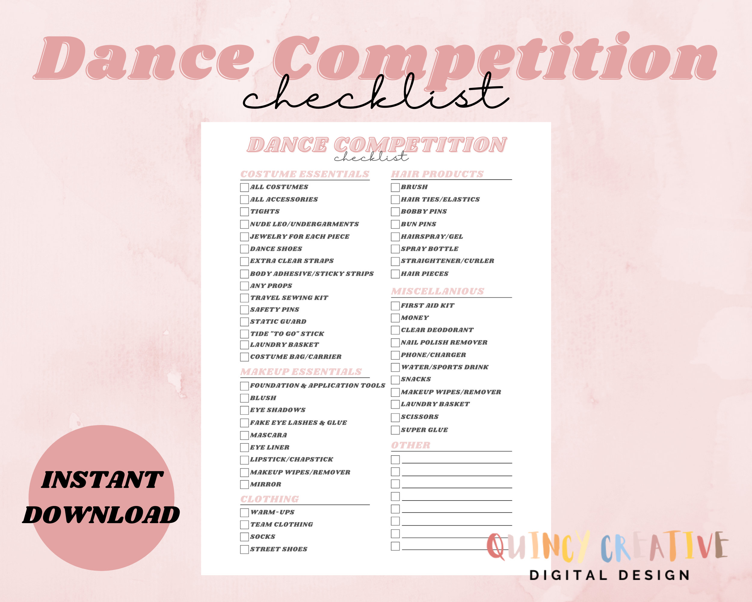 Checklists Competitions Dance Competition Checklist Printable Digital