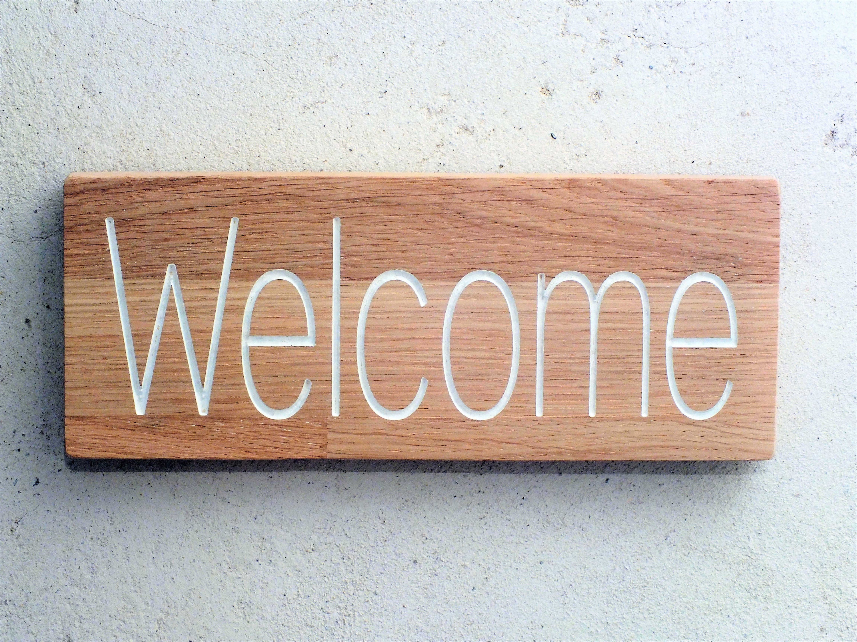 Wooden sign with engraved WELCOME word welcome | Etsy