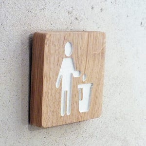 Wooden Trash Bin Sign With Engraved Pictogram, Wood Garbage Sign ...
