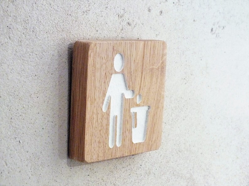 Wooden Trash Bin Sign With Engraved Pictogram, Wood Garbage Sign ...