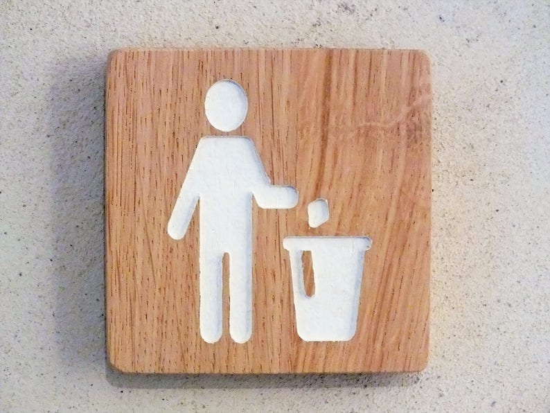 Wooden Trash Bin Sign With Engraved Pictogram Wood Garbage - Etsy
