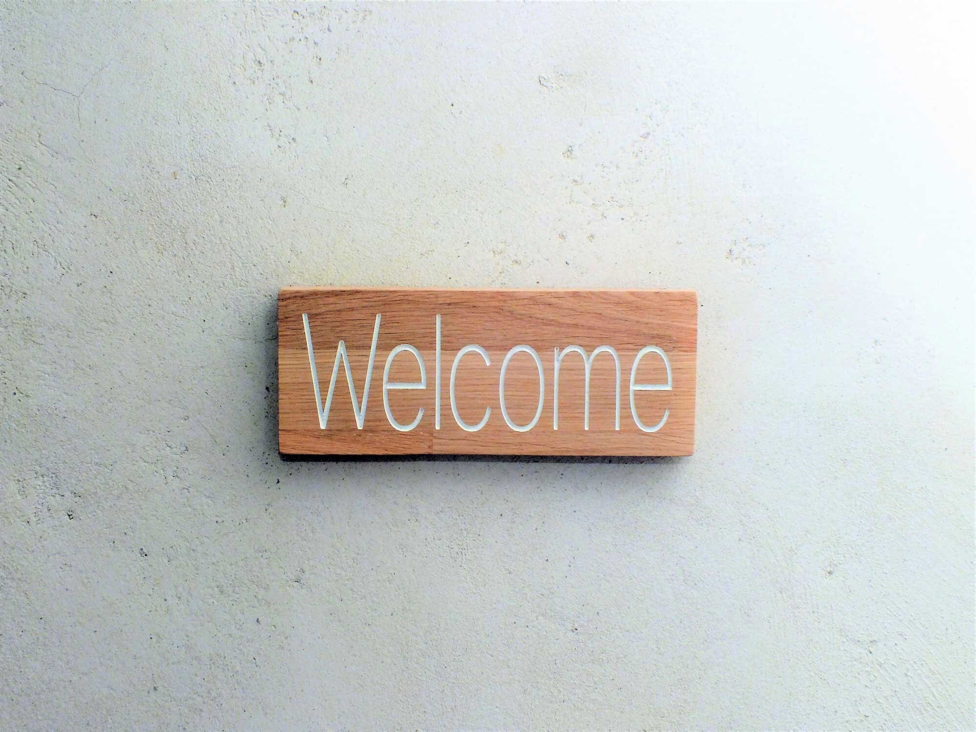 Wooden sign with engraved WELCOME word welcome | Etsy
