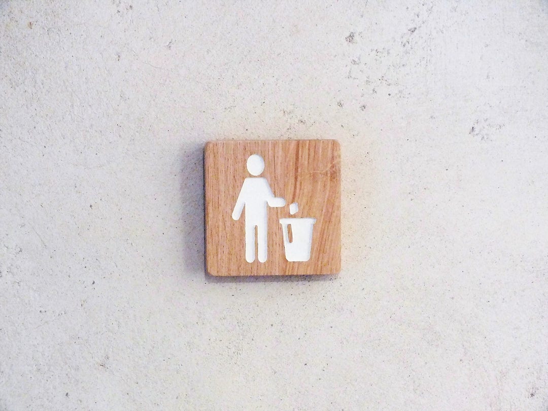 Wooden Trash Bin Sign With Engraved Pictogram, Wood Garbage Sign ...