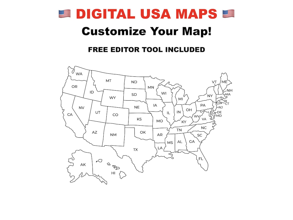 United States Map USA Labeled, Black and White Map USA Printable - Etsy
