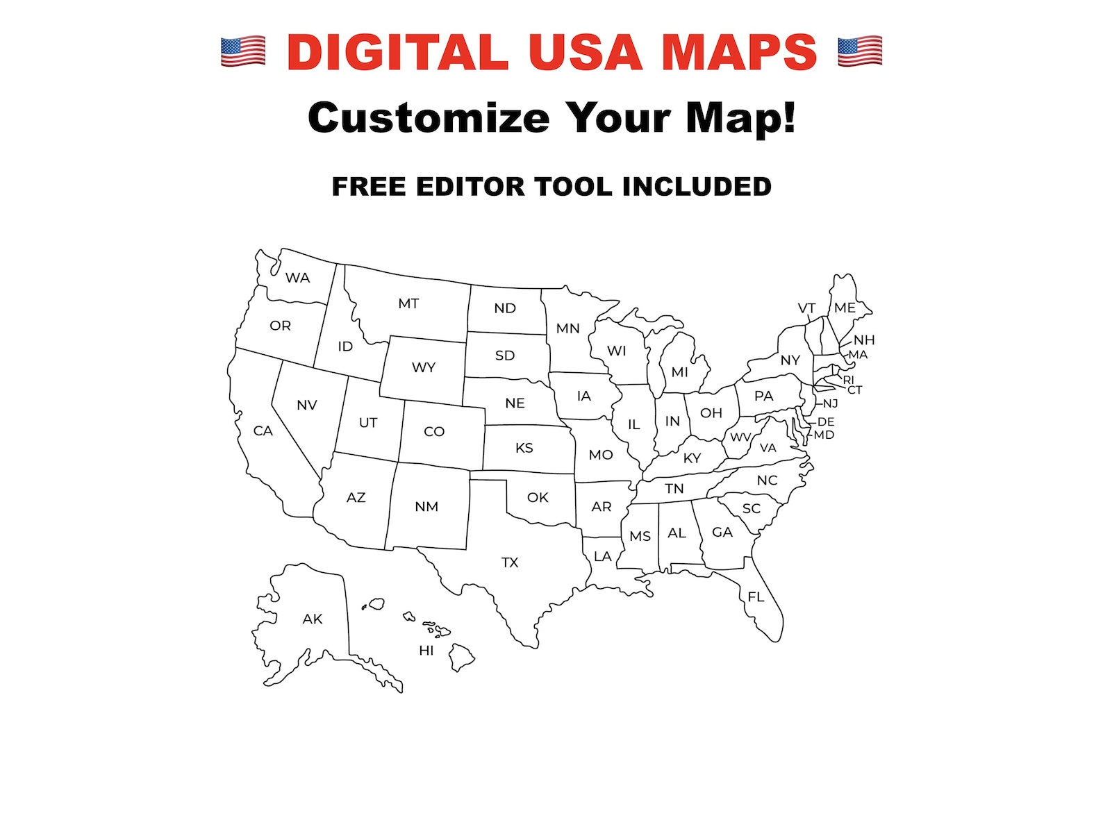 United States Map USA Labeled, Black and White Map USA Printable - Etsy