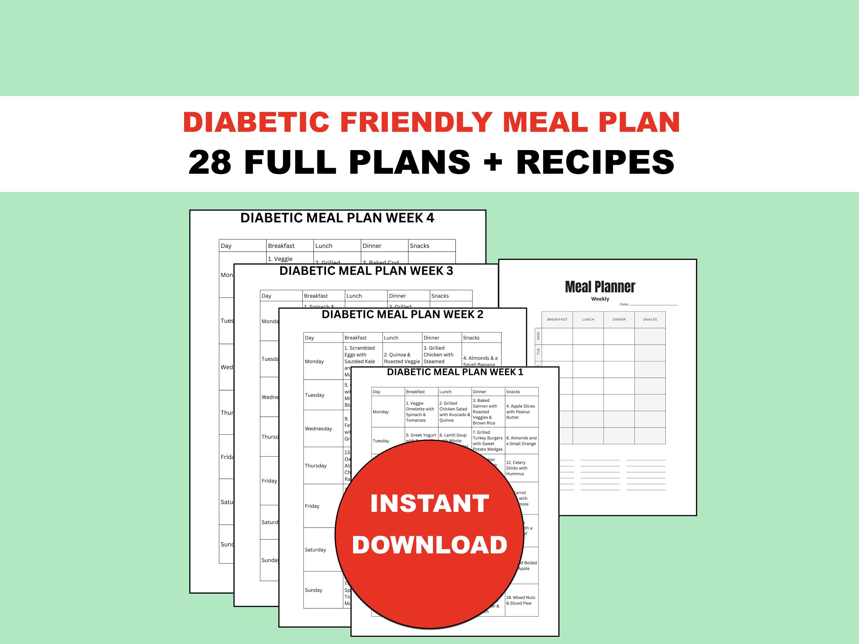 30-day Diabetic Meal Plan PDF, 7-day Diet Sheet One Month, Simple, Food ...