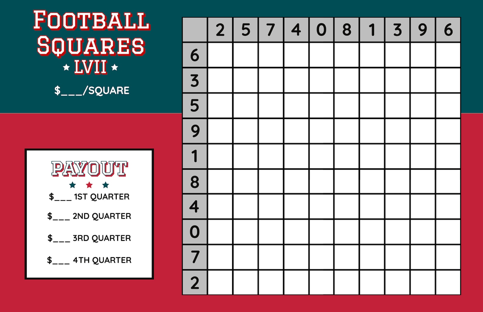 Super Bowl Squares Template Printable | 2026 Super Bowl Football Pool ...