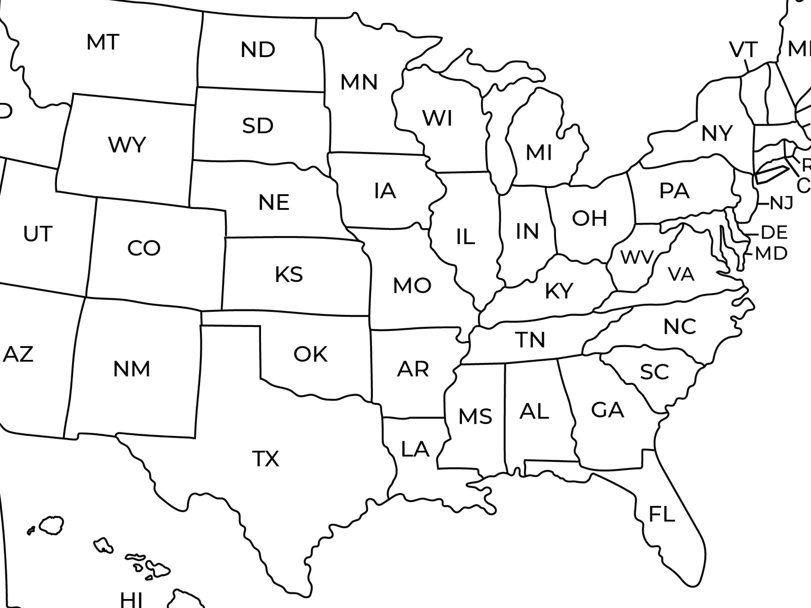 Map of United States | Labeled With State Abbreviations PNG, JPEG, PDF ...