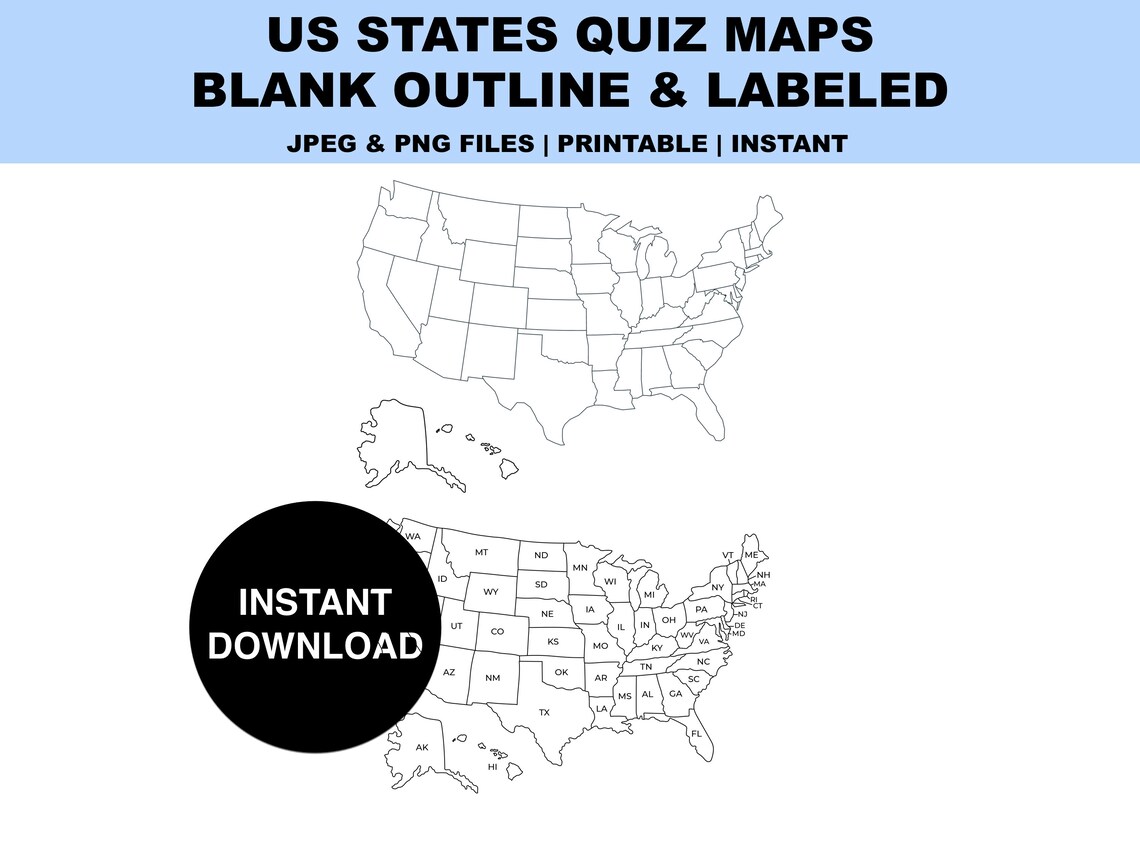 US States Quiz 50 States Quiz Map Printable Outline Comes With Labeled ...