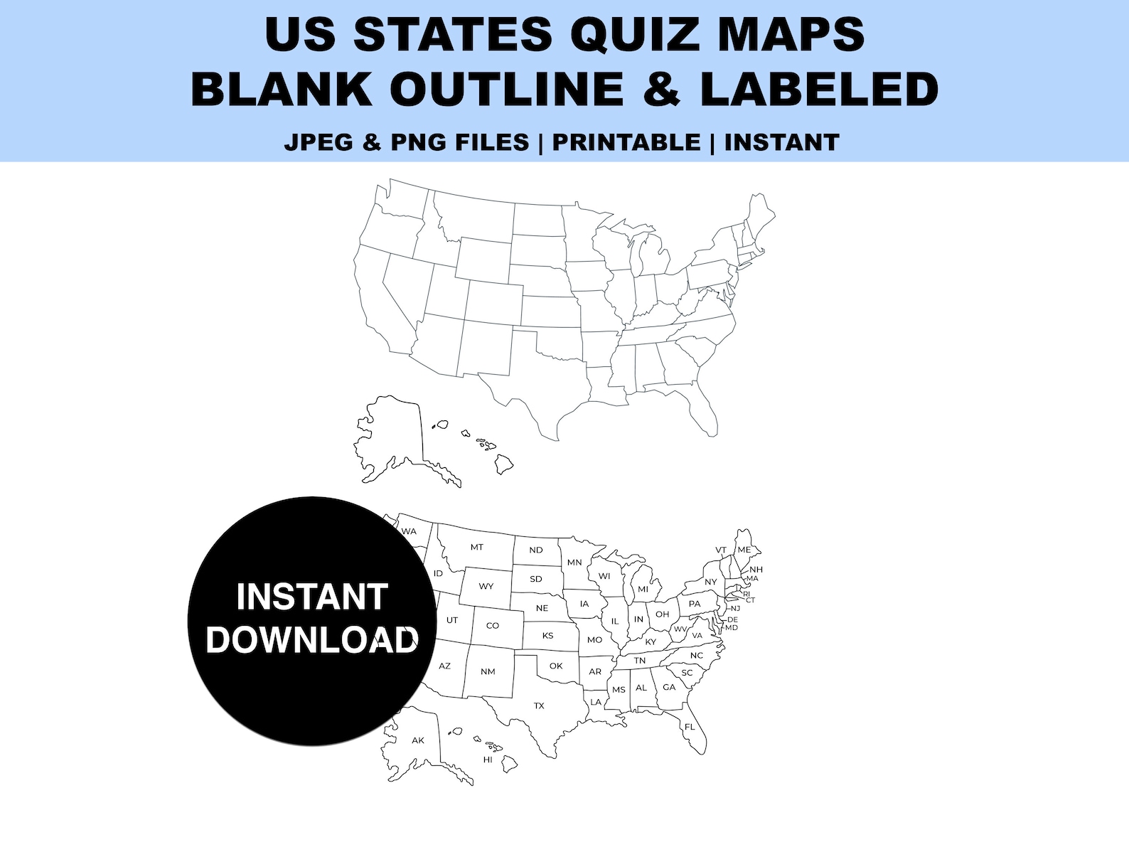 US States Quiz 50 States Quiz Map Printable Outline Comes With Labeled ...